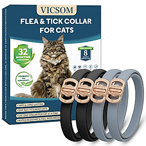 Flea Collar for Cats, 4 Pack Cat Flea and Tick Collar 32 Months Cat Flea and Tick Prevention Collars, Waterproof Adjustable Cats Flea Collar Kitten, Tick and Flea Treatment Collar for Cat, Black Grey