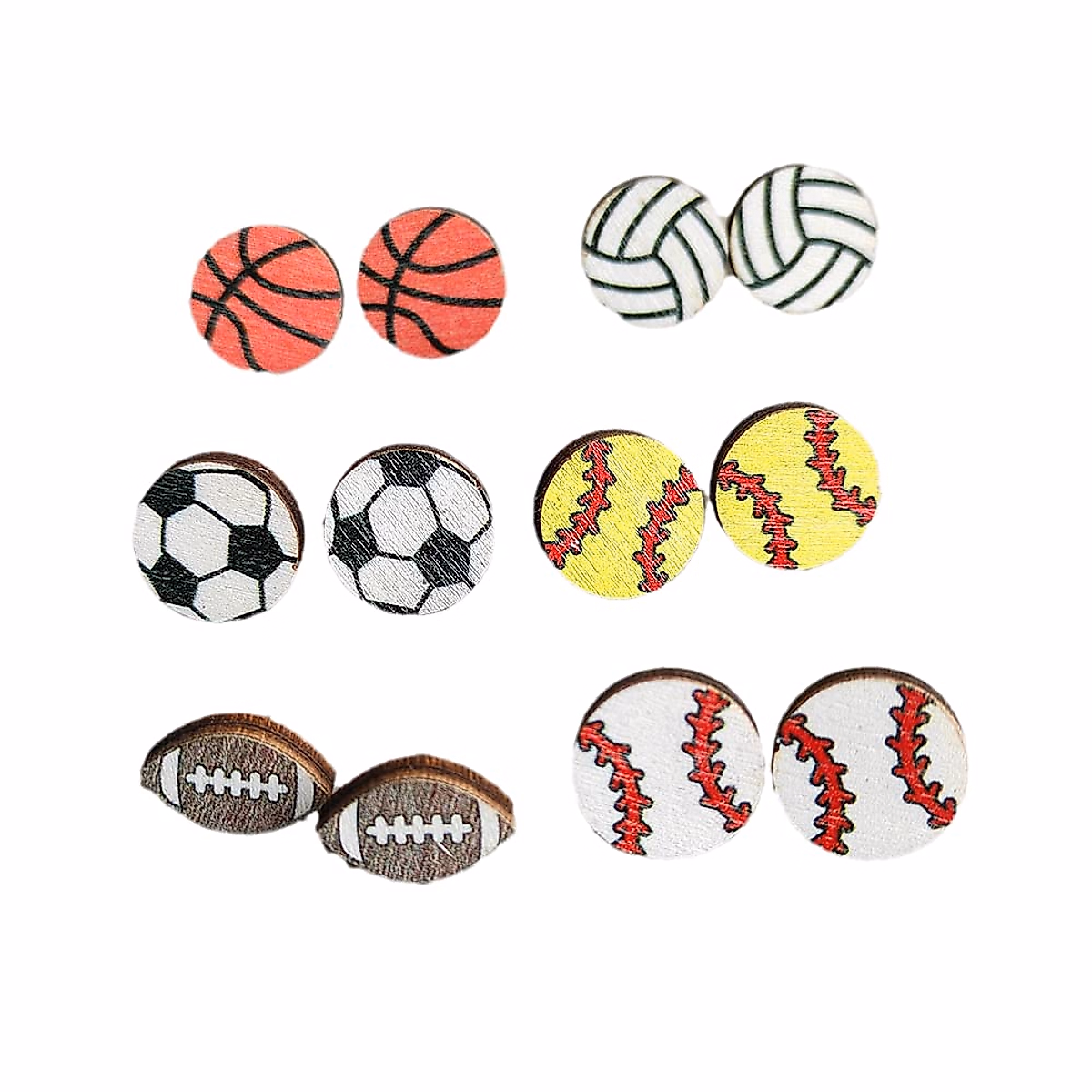 6 Pairs Sport Stud Earrings Cute Basketball Volleyball Baseball Football Rugby Lightweight Wooden Sport Earrings for Women Gift