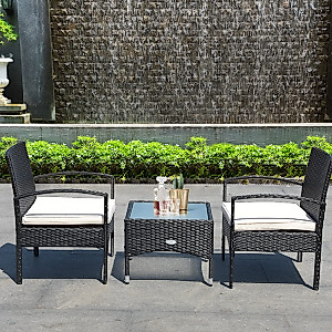 COSTWAY 3 PCS Patio Wicker Conversation Set, PE Rattan Sofa with Tempered Glass Coffee Table, 2 Chairs, 2 Cushions, Outdoor Patio Furniture Set for Yard Porch Bistro Balcony Backyard Pool, White