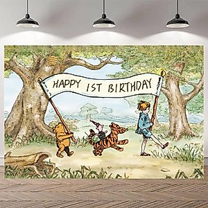 Winnie Backdrop Happy 1 st Birthday Photography Background Pooh Baby Shower Decorations 57 x 37 Inch Banner for Kids First Birthday Party Supplies Favors