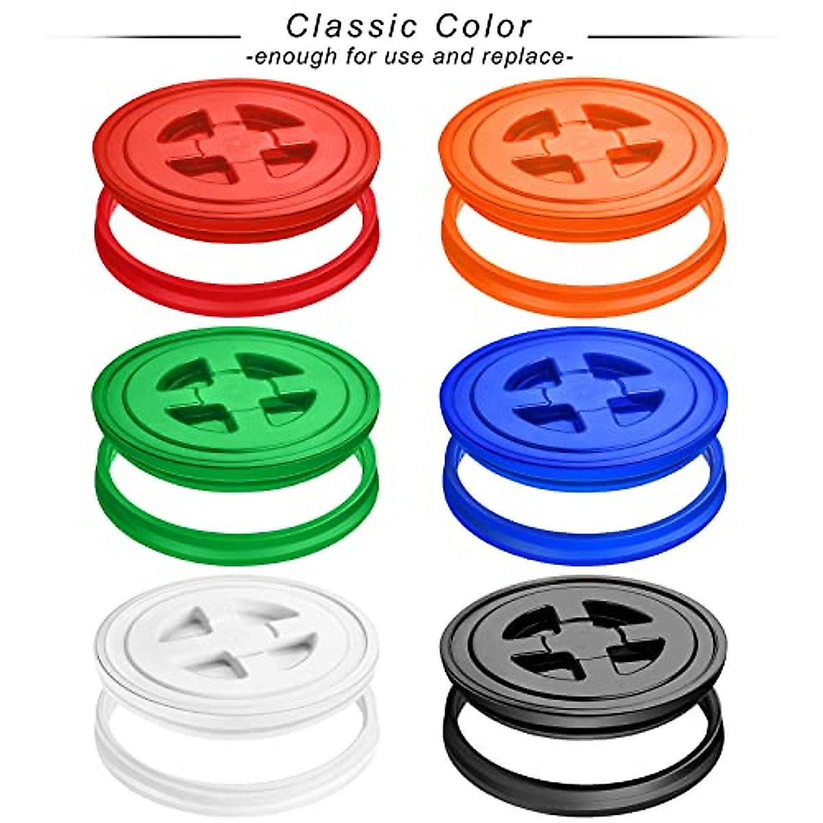 Aodaer 6 Pieces 5 Gallon Seal Lid Bucket Lids Leak Proof Screw Top Sets Plastic Storage Bucket Seal Lids for Cereals Grain Pet Food Coatings Paint Storage, Black, Red, Green, White, Blue, Orange