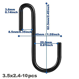 XiangLin Pack of 10 Heavy Duty S Hooks S Shaped Hooks Hanging Hangers Hooks for Kitchen, Bathroom, Bedroom, and Office, for Pan, Pot, Coat, Bag, Plants (3.5x2.4'', Black)