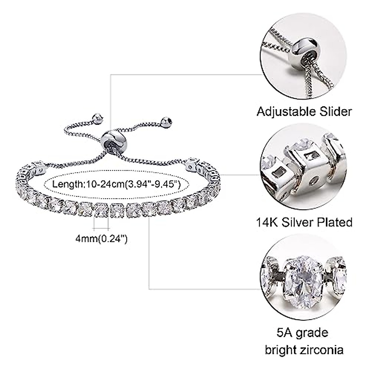 Adjustable Tennis Bracelet for Women Cubic Zirconia Wedding Bridal Bracelet Silver Gold Dainty Bracelet Jewelry Gift for Girlfriends Bridesmaids Mom Sister