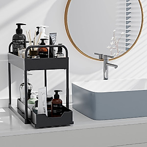EWQKPEL 2 Tier Under Sink Organizers and Storage, Sliding Drawer Bathroom Kitchen Sink Organizer with 4 Hooks 2 Handles, Multi-purpose Under Cabinet Shelf, Bath Collection Basket