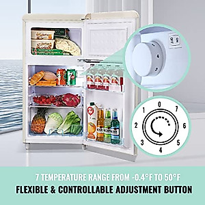 DEMULLER Retro Mini Refrigerator 3.5 CU.FT Dual Door Fridge with Handle Removable Glass Shelves 7 temperature control levels for Dorm, Office, Bedroom