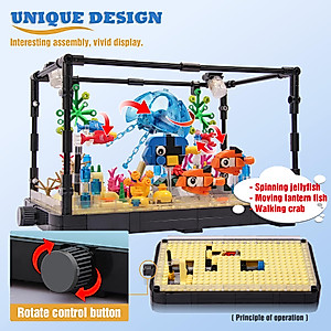 Fish Tank Building Block, Lighting Aquarium Building Sets for Adults and Kids Including Ocean Jellyfish, Dolphin, Turtle, Crab, Animal Building Toys for Boys Age 8-12, 725pcs