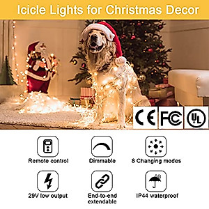 B-right Icicle Lights Outdoor, 32.8ft 480 LED Icicle Christmas Lights 60 Drops 8 Modes Waterproof Dimmable Curtain Lights with Remote Timer for Indoor Outdoor Eaves Garden Party Decor Warm White