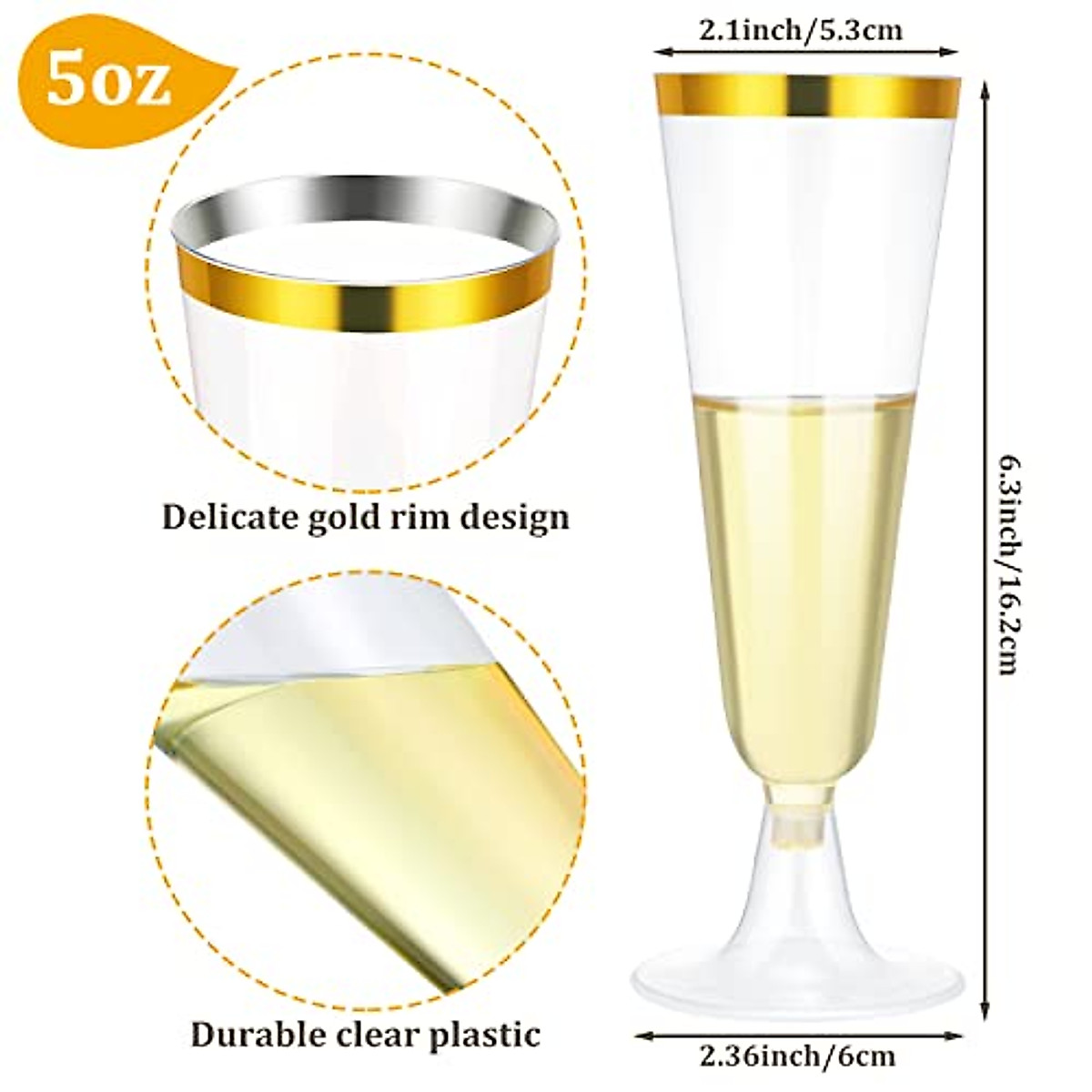 CHENGU 200 Pack Champagne Flutes Plastic 5 Oz Plastic Wine Glasses Plastic Toasting Champagne Flutes for Wedding Party Disposable Plastic Champagne Glasses Cocktail Cups for Celebration (Gold)