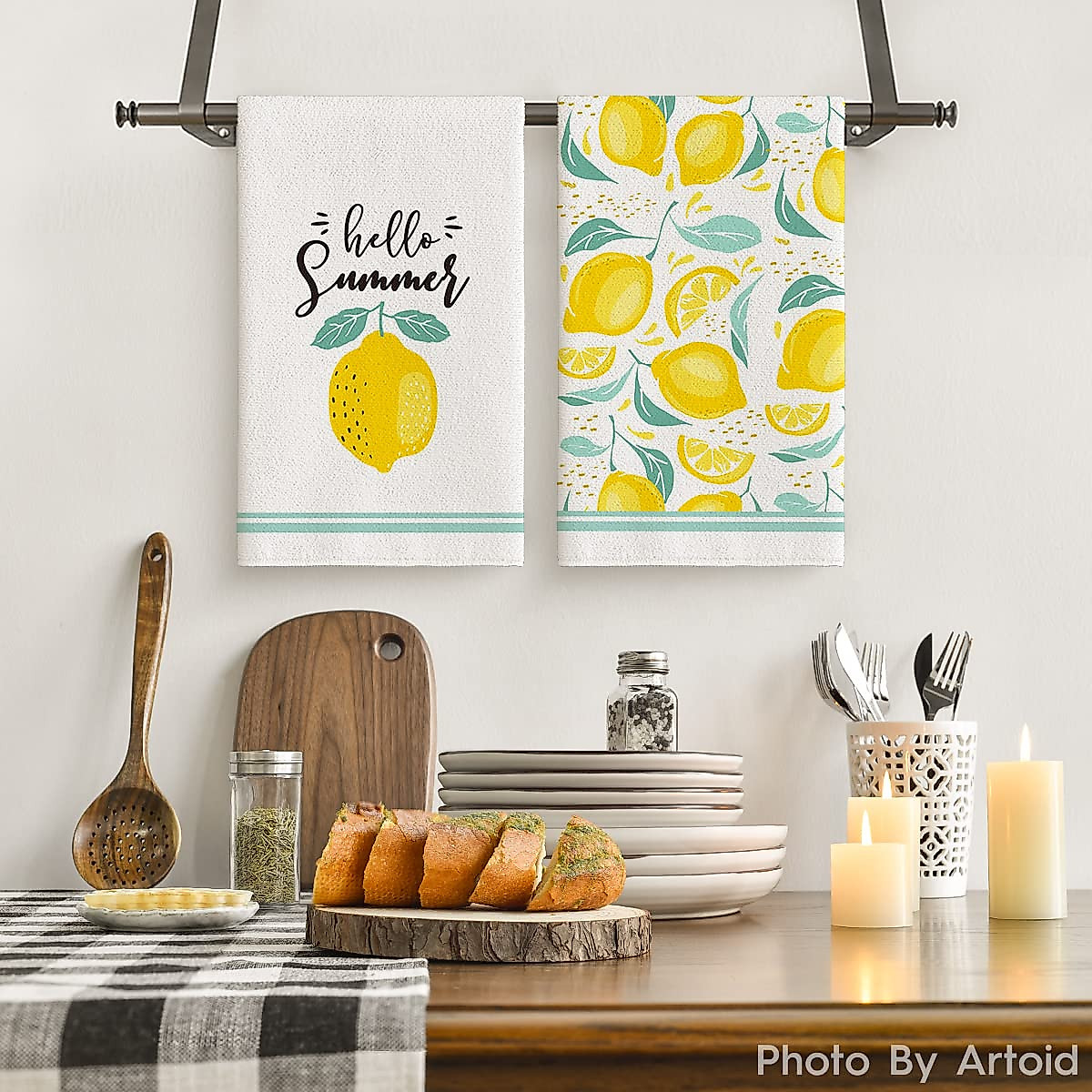Artoid Mode Hello Summer Lemons Kitchen Dish Towels, 18 x 26 Inch Seasonal Summer Fruit Ultra Absorbent Drying Cloth Tea Towels for Cooking Baking Set of 2