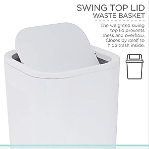 Bath Bliss 8 Liter Acrylic Wastebasket | Weighted Swing Top Lid | Small Trash Can | Waste Bin | Garbage Container | Contemporary Design | Bathroom | Bedroom | Office | Dorm | White