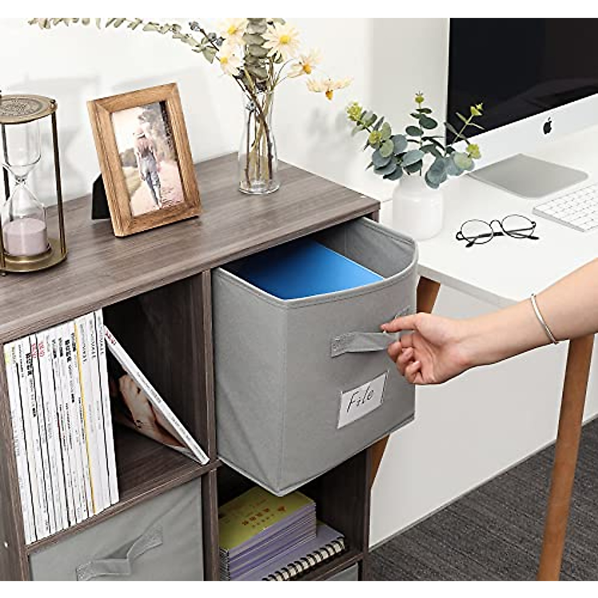 TQVAI 6 Cube Storage Organizer, Wood Storage Cubes Shelf with Fabric Storage Bin, Retro Grey