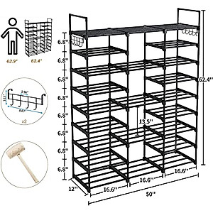 HOSTARME 9 Tiers Shoe Rack for Closet Entryway, Free Standing Racks Shelf Large Storge Organizer 50-55 Pairs and Boots with Versatile Hooks Hammer Bedroom Hallway, Black