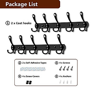 Bjiotun Coat Rack Wall Mounted 2 Pack Wall Hooks Stainless Steel Wall Hanger with 5 Tri Hooks for Hanging Coats Hats Towels Keys (Black)