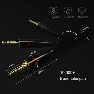 SKW Aux Cable for Car(Hi-Fi Sound),3.5 mm to 3.5 mm Stereo Audio Cable, 1/8″ Jack Cord, Headphone Cable for Home Stereo,iPhone,iPod,IPad,Echo Dot,Sony & More (Right Angle,10ft/3M)