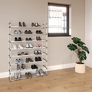 Home-Complete Shoe Rack - 8-Tier Shoe Organizer for Closet, Bathroom, Entryway - Shelf Holds 40 Pairs Sneakers, Heels, Boots (White)