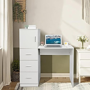 Karl home Computer Desk with Bookshelf, Small Desk Ideal for Home Office, Wood Construction Office Desk with Drawers and Built-in Charge Station for Bedroom, Kids Room, Manicure Table (White)