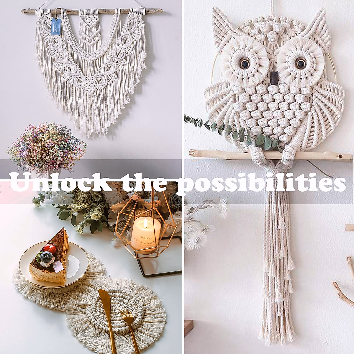 Klhamky 3mm x 547yd Natural Macrame Cotton Cord - 4 Strand Twisted Beige Cotton Cord for Handmade Wall Hanging, DIY, Craft Making, Knitting, Plant Hangers, Decorative Projects