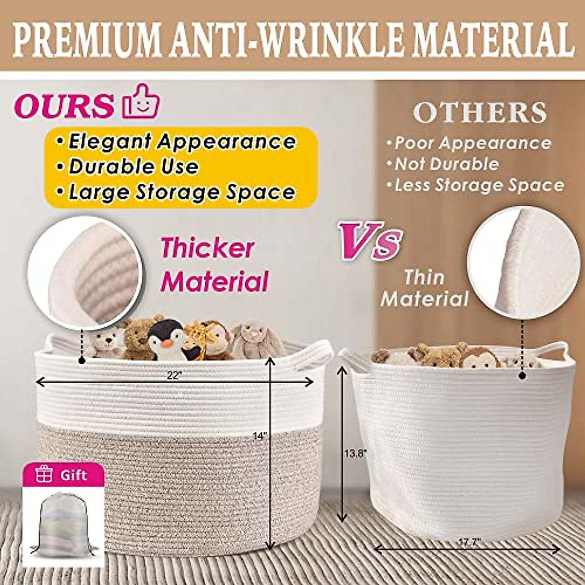 AOSION Large Cotton Rope Basket 22" x 22"x14" Extra Large Storage Baskets, Woven Laundry Basket for Blankets, Nursery Toy Basket with Handles, Blanket Basket for Living Room (Brown)