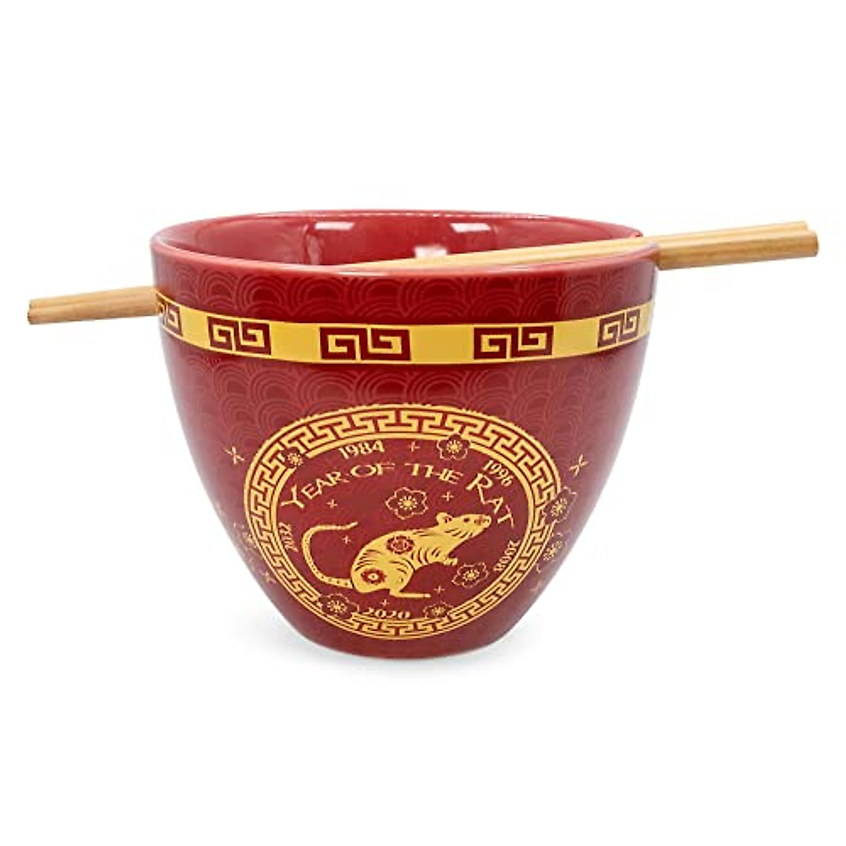 Boom Trendz Year Of The Rat Chinese Zodiac Ceramic Dinnerware Set | Includes 16-Ounce Ramen Noodle Bowl and Wooden Chopsticks Asian Food Dish For Home & Kitchen Kawaii Lunar New Gifts Red One Size