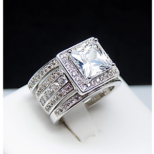 Beverly Bridal Wedding Ring Set 3 Piece Engagement Ring for Women Two Matching Anniversary Bands Sterling Silver Square Halo Design Cubic Zirconia Princess Cut Center Stone