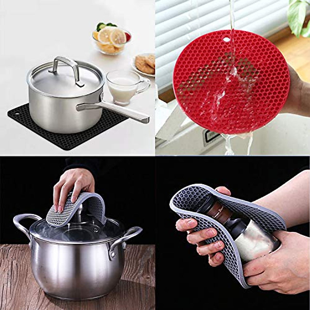FELIBAY Silicone Trivet Flexible Pot Mats Non Slip Potholder Heat Resistant Kitchen Trivet Hot Pads, Multi Purpose Pot Holder Jar Opener Spoon Holder Oven Mitts (Black)