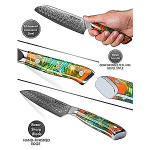 SANMUZUO Santoku Knife - 7 inch - Xuan Series - VG10 Damascus Steel Kitchen Knife - Resin Handle (Fantasy Orange)