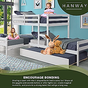 Hanway L-Shaped Bunk Bed with Trundle – Solid Pine Wood Material –– Easy to Assemble Plan Providing Unique Bedroom Setting for Small Living Spaces – Trendy Design Combined with a White Paint Coating