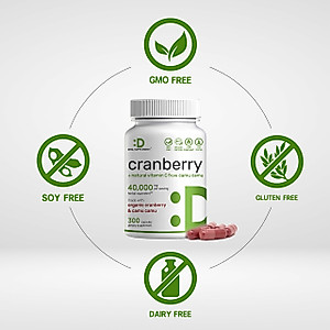 Cranberry Pills 40,000mg Per Serving with Camu Camu, 300* Capsules – Made with Organic Ingredients – Natural Vitamin C – 4X Strength Urinary Tract Health Supplement – No Sugar, No GMOs