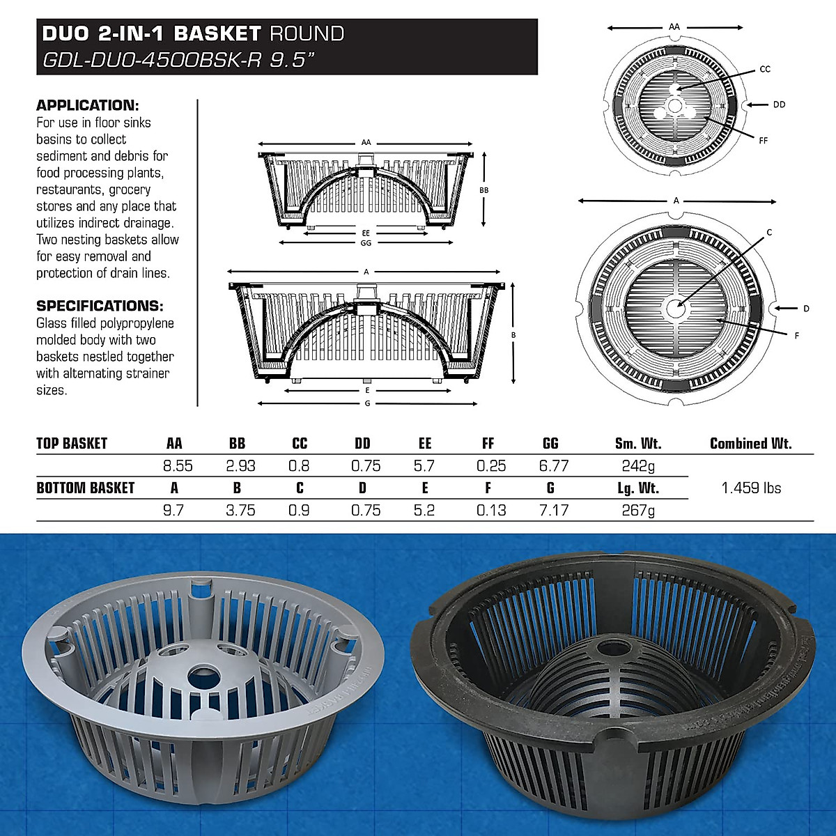Guardian Drain Lock DUO 2 in 1 Basket - 2 Piece Commercial Floor Sink Sediment Strainer For Easy Removal And Protection Of Drain Lines