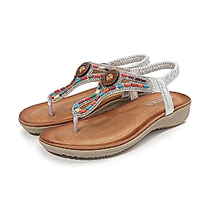 Thong Sandals for Women Beach,Bohemia Flat Sandals T-Strap Summer Beach Beaded Elastic Flip-Flop Thong Shoes (Silver, 8)