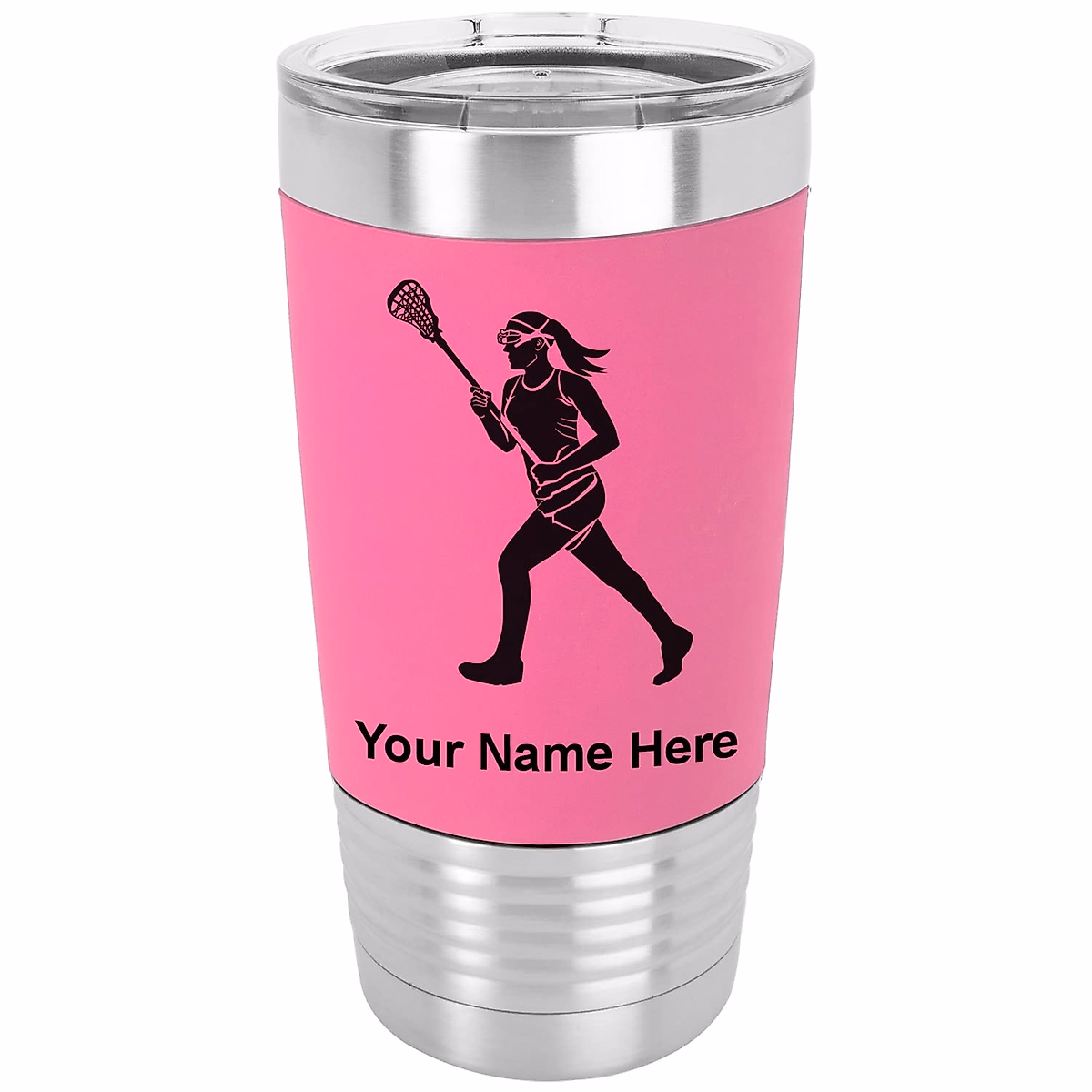 20oz Vacuum Insulated Tumbler Mug, Lacrosse Player Woman, Personalized Engraving Included (Silicone Grip, Pink)
