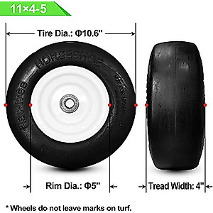 N12 2 New HORSESHOE 11x4.00-5 Flat Free Smooth Tires w/Steel Rim for Zero Turn Lawn Mower Garden Tractor - Hub length 3inch-5inch with 3/4inch OD Axle Shaft 114005 T161