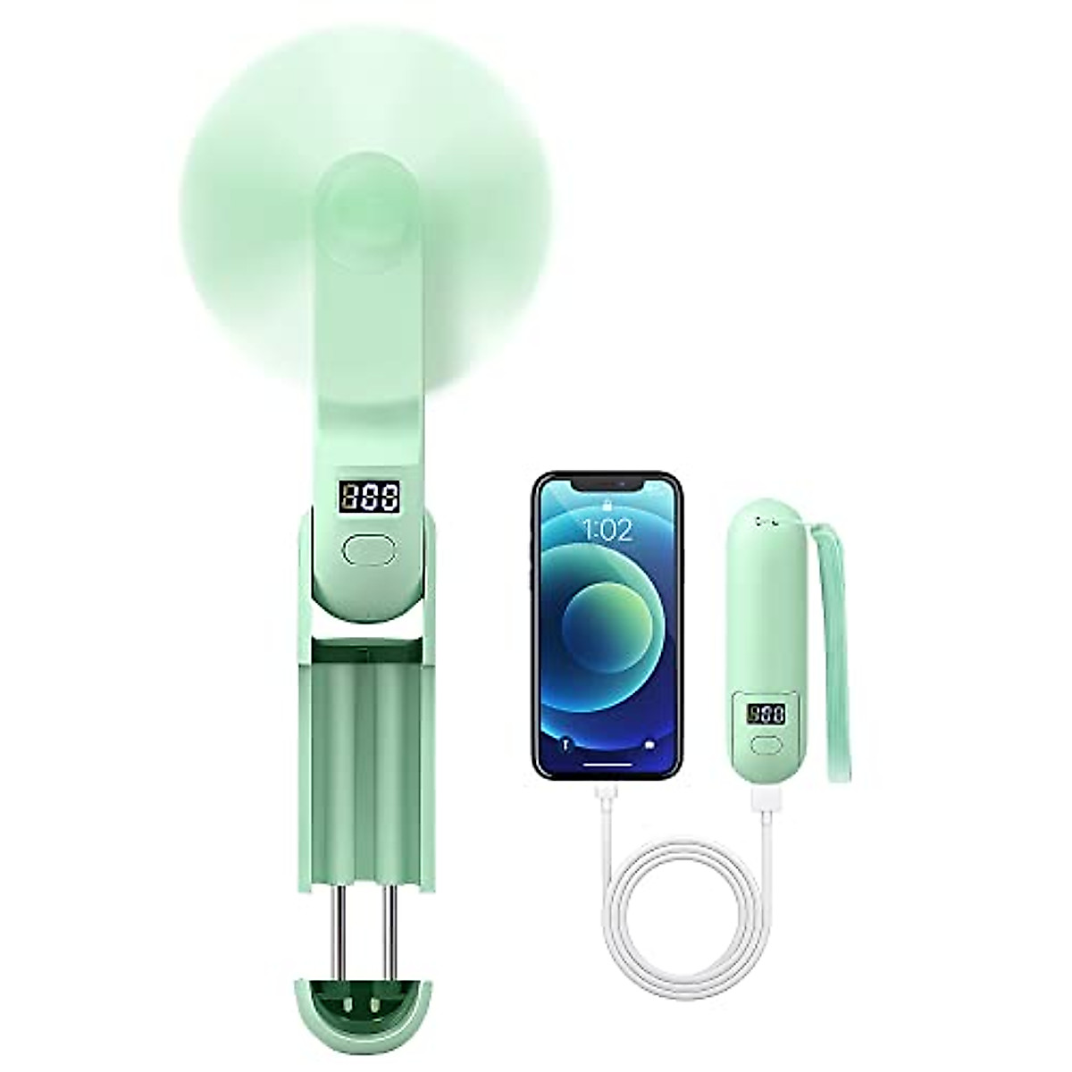 Mini Handheld Fan, Portable Fan 3 IN 1 2000mAh, Battery Operated Fan with LED Display as Phone Holder, Hand Fan USB Rechargeable for Outdoor Travel Camping-Green