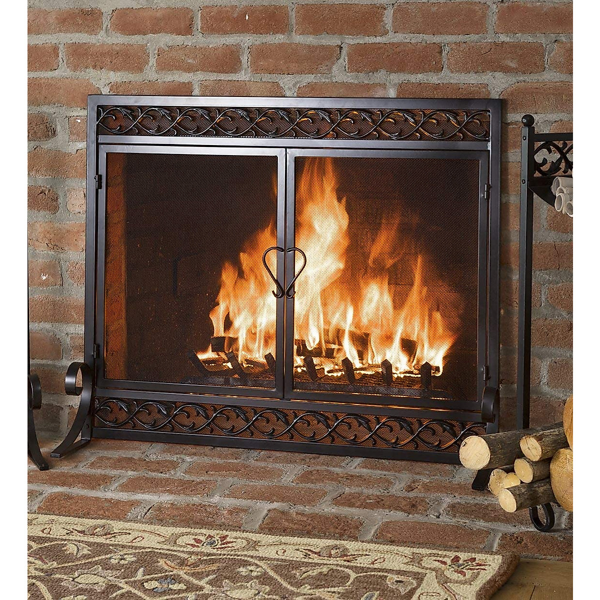 Plow & Hearth Metal Fireplace Screen Scrollwork Black | 38" W x 31½"H | 2 Door | Spark Guard Grate | Fire Place Cover | Wood Burning Stove Accessories