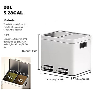 LEASYLIFE 5.28 Gallon Stainless Steel Metal Dual Stream Step-On Trash,2 Compartments, Recycle Bins for Kitchen,Trash and Recycle Bin Combo for Kitchen (20L)