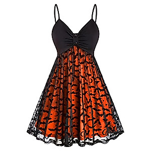 Womens Plus Size Dresses Sleeveless Bat Print Lace Halter Gothic Vintage 50s Spaghtti Strap Ruched Swing Mini Dress