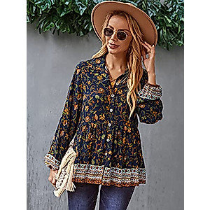 KAYWIDE Women's Casual Boho V Neck Top Loose Floral Printed Long Sleeve Beach Shirts Blouses (036-Blue, Large)