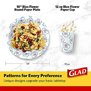 Glad Round Disposable Paper Plates 10 in, Blue Flower|Soak Proof, Cut Proof, Microwave Safe Heavy Duty Paper Plates For Parties|50 Count Bulk Paper Plates 10 Inch