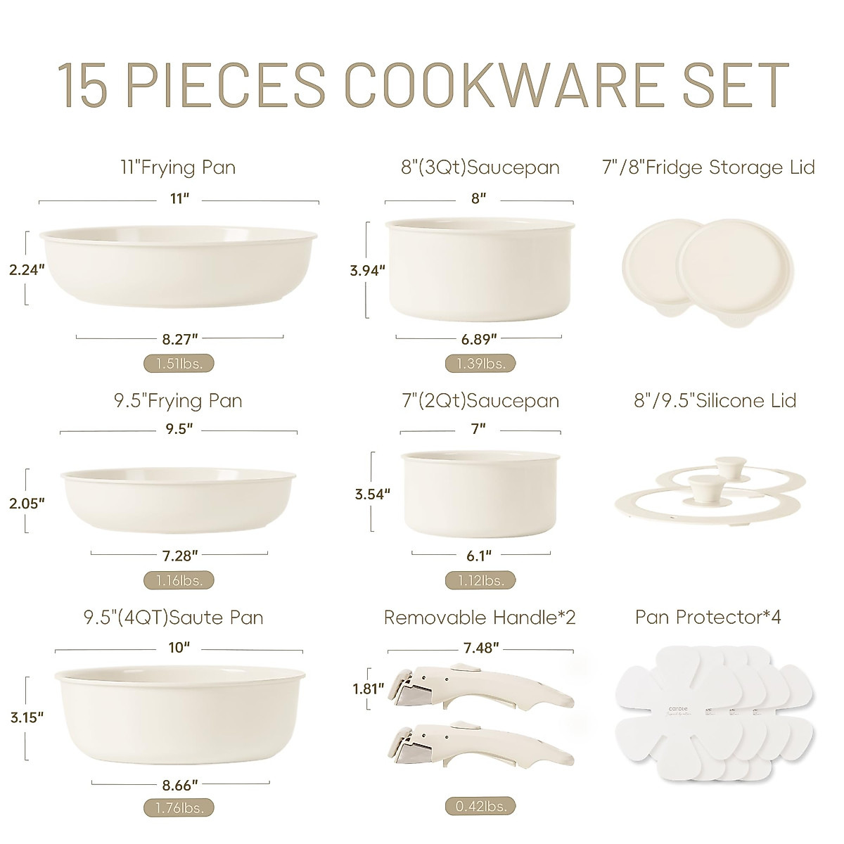 CAROTE 15pcs Ceramic Cookware Set, Pots and Pans Set Non Stick, Induction Kitchen Cookware Sets, Non Stick RV Cookware Set with Detachable Handle, Dishwasher/Oven Safe Cookware Set, Cream White