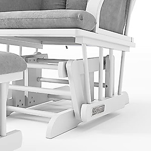 Child Craft Cozy Glider Rocker and Ottoman Set, Padded Cushion with Storage Pockets, Solid Wood Base, Matte White with Light Gray Cushion