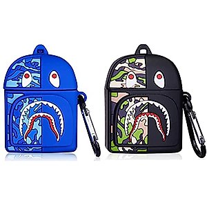 for Airpods 1 & 2 Fashion Shark Backpack Cover, Durable Shockproof Headphone Cover with Keychain Cute and Funny Cover, Cartoon Fashion Cover, 2 Pack