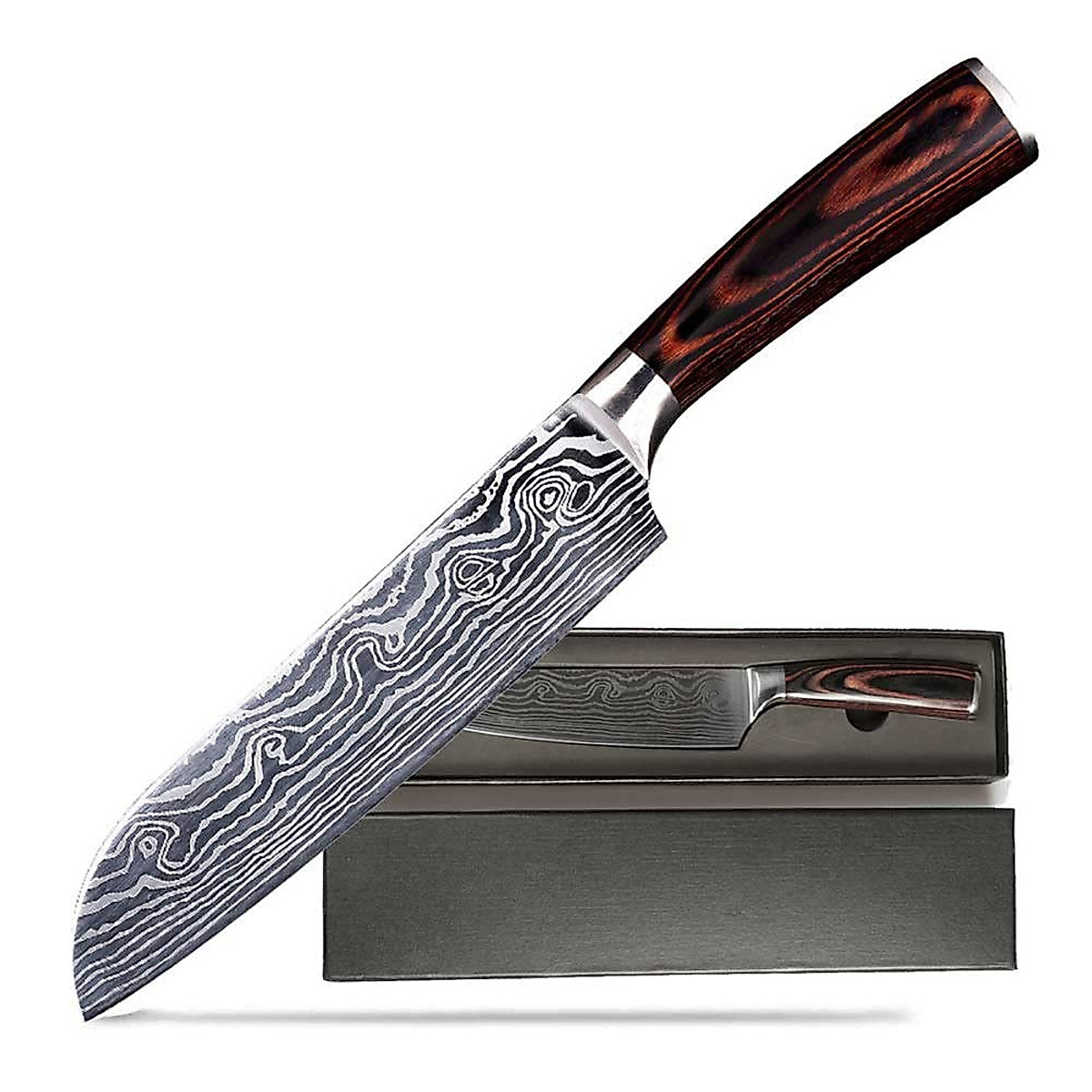 Damascus Chef Knife Set. Professional Japanese High Carbon Steel. 7Cr17mov Blade. Ergonomic comfort Woden Handle. 7 Inch