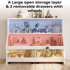 IRONCK Toy Storage Organizer, Kids Bookshelf with 2 Movable Cubby Drawers, Top Toy Shelf with Crossbar, Storage Cabinet for Nursery, Playroom, White