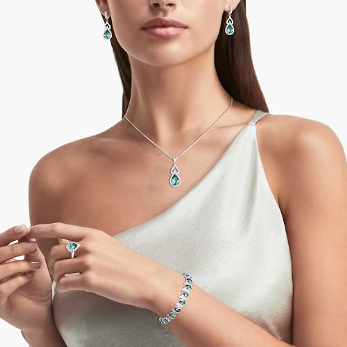 Mayfox Bridal Cubic Zirconia Open Ring Bracelet Necklace Dangle Earrings Set, Waterdrop Oval White Gold Plated Jewelry Gifts for Woman Multicolor Silver-Tone