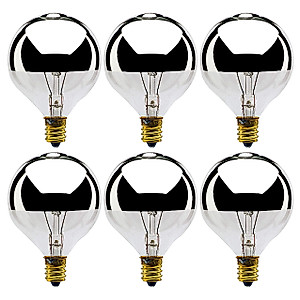 KOR (6 Pack) G16 1/2/SL Incandescent Light Bulb, Silver Half Chrome Crown with Mirror Finish, Dimmable, 120 Volts, G16 Lamp Shape, Candelabra Base, E12 Base, 1500 Hours Rated. (40 Watt (6 Pack))