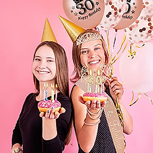 Chenkaiyang 30th Birthday Decorations, Birthday Crown and Sash for Girls Rhinestone Tiara Set Rose Gold Party Decors Including Candles, Cake Toppers and Balloons 30th Birthday Gifts for Girls