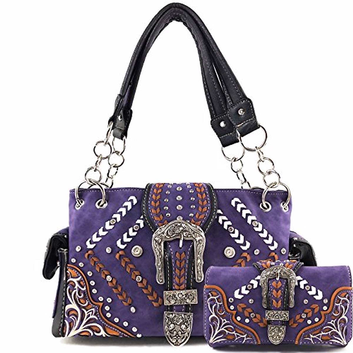 Justin West Floral Embroidery Rhinestone Turquoise Buckle Western Weave Stud Conceal Carry Handbag Purse | Messenger | Trifold Wallet (Purple Purse Wallet Set)