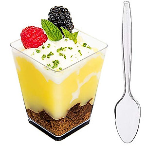DLux 50 x 5 oz Mini Dessert Cups with Spoons, Square Large - Clear Plastic Parfait Appetizer Cup - Small Reusable Serving Bowl for Tasting Party Desserts Appetizers - With Recipe Ebook
