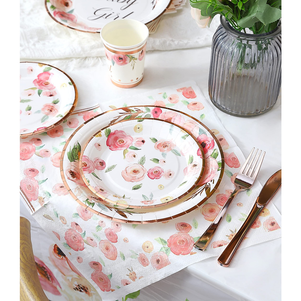 Rose Gold Baby Shower Plates and Napkins Girl - Serves 16 - Includes Baby Girl Plates Cups Napkins Knifes Forks Floral Baby Shower Decorations for Girl Baby Shower Favor Decor Party Supplies