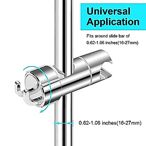 OSDUE Shower Head Holder, 16-27mm Slider Bar Adjustable Shower Head Holder for Slide Bar Slider Clamp Bathroom Replacement, 360 Degree Rotating Sprayer Holder with 2 Hooks, Chrome Finish - Silver